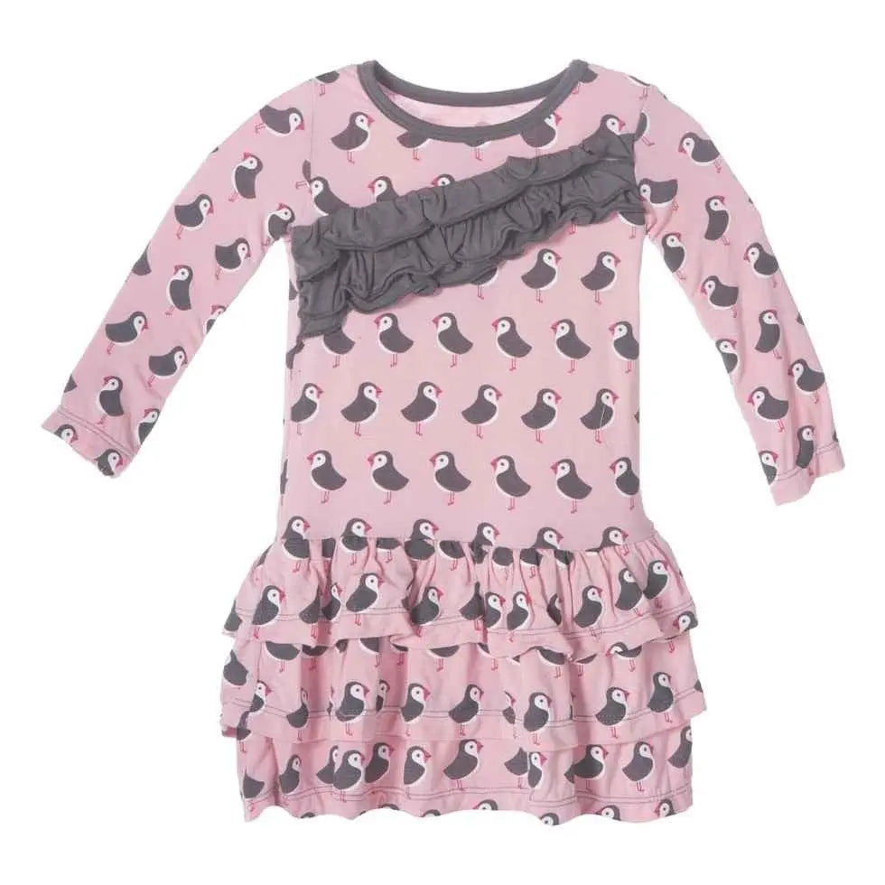 KicKee Pants L/S Diagonal Ruffle Banner Dress, Lotus Puffin