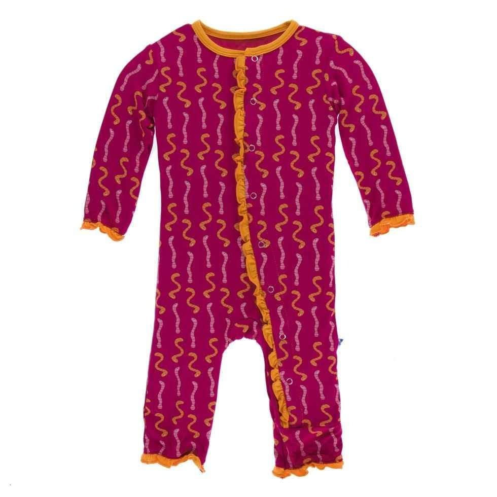 KicKee Pants Classic Ruffle Coverall (Snap), Rhododendron Worms