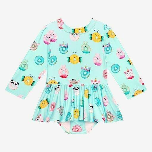 Posh Peanut Girl's L/S Twirl Skirt Rash Guard Swimsuit - Donuts