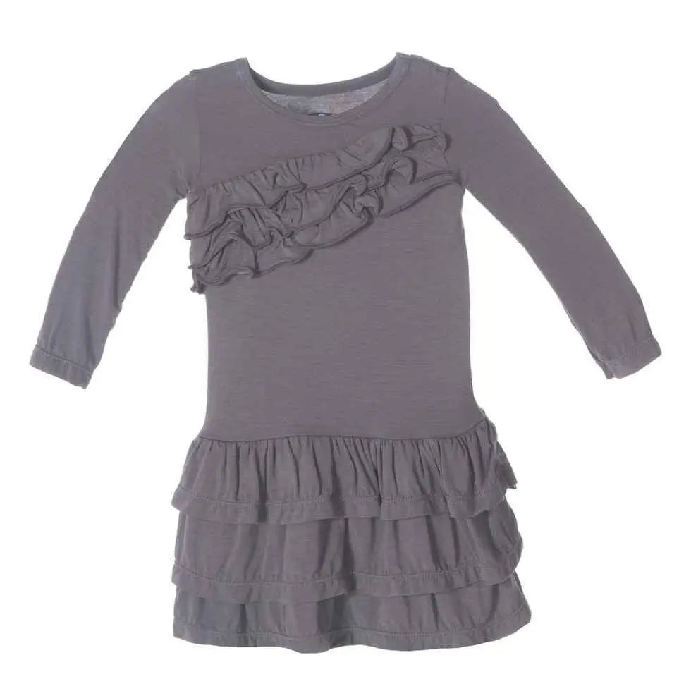 KicKee Pants Bamboo Girls Long Sleeve Diagonal Ruffle Dress Rain